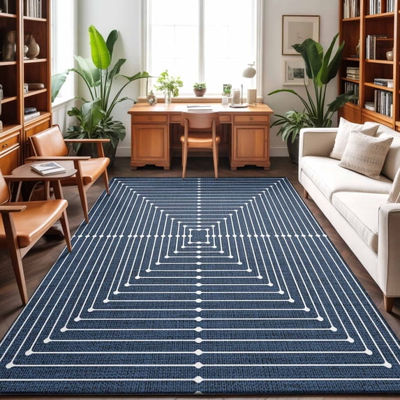 Abstract Lines Washable Area Rug 6 x 9 ft Modern Square Geometric Navy ...