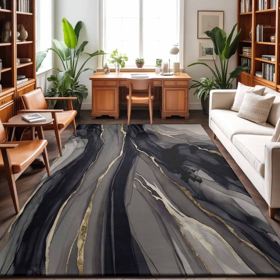 Abstract Lines Washable Area Rug 9 x 12 ft Deep Black Charcoal Gray ...
