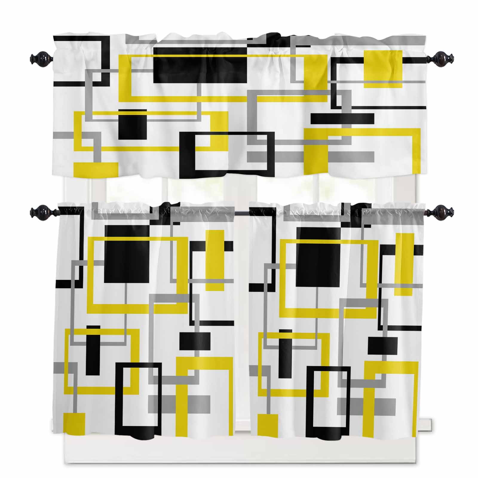 Abstract Lines Window Curtains Valance Set of 3 Black Yellow Geometric ...