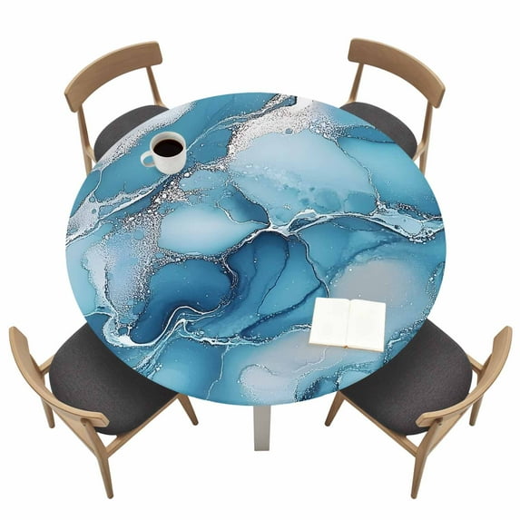 Abstract Liquid Art Round Fitted Tablecloth with Elastic Edge Gary Blue ...
