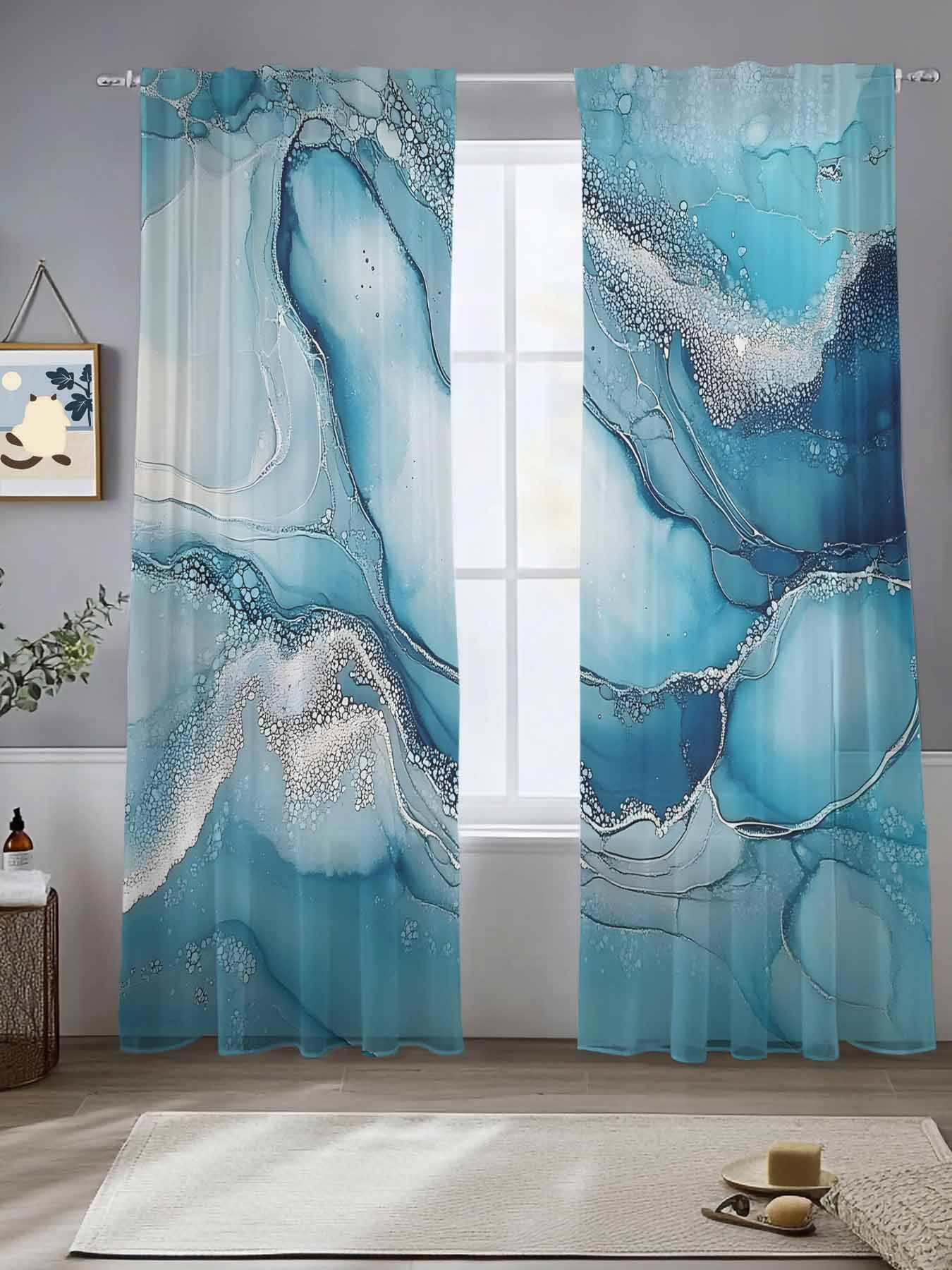 Abstract Liquid Art Sheer Curtains 108 Inches Long 2 Panels Modern Blue ...