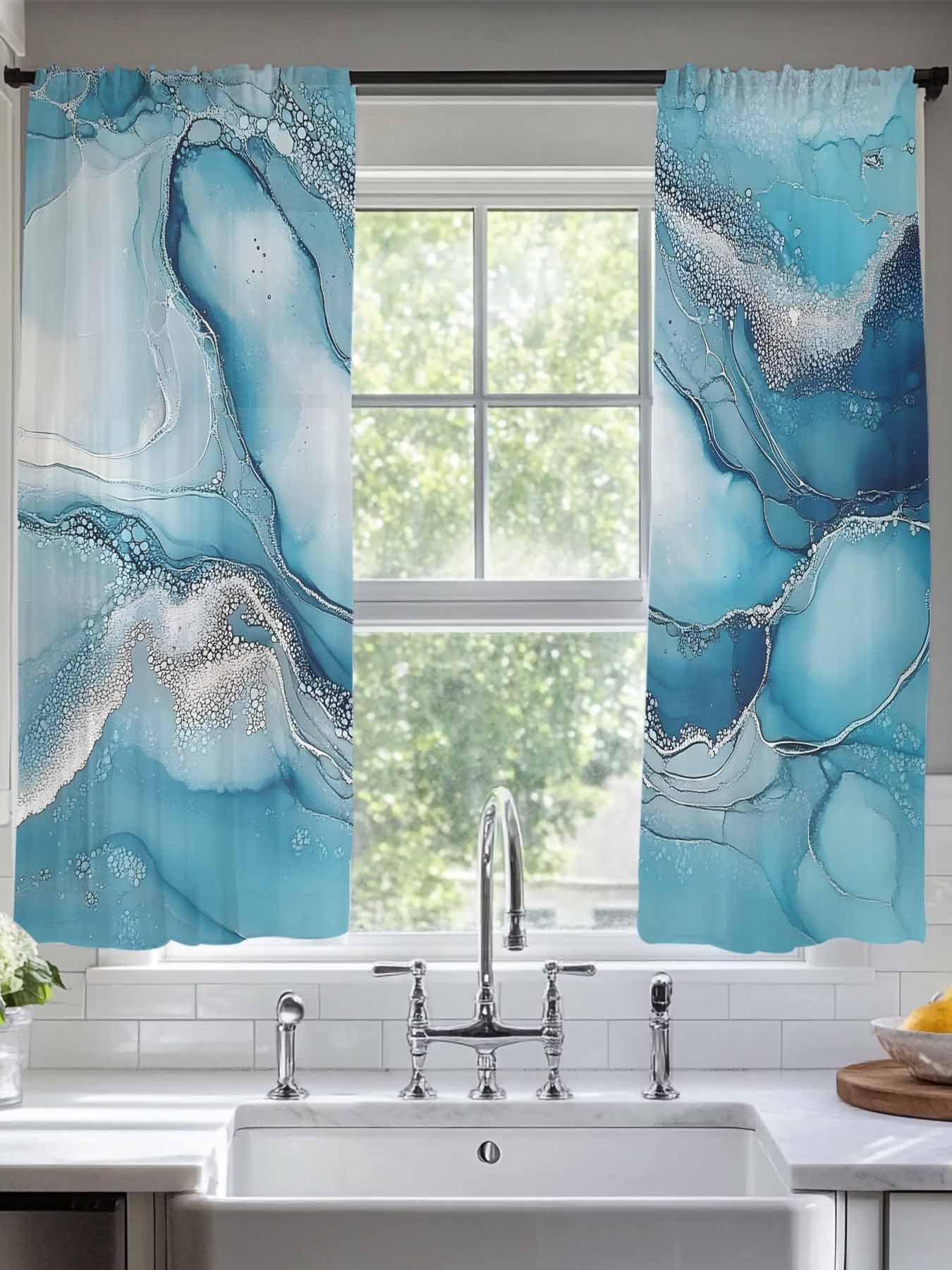 Abstract Liquid Art Sheer Curtains 63 Inches Long 2 Panels Modern Blue ...