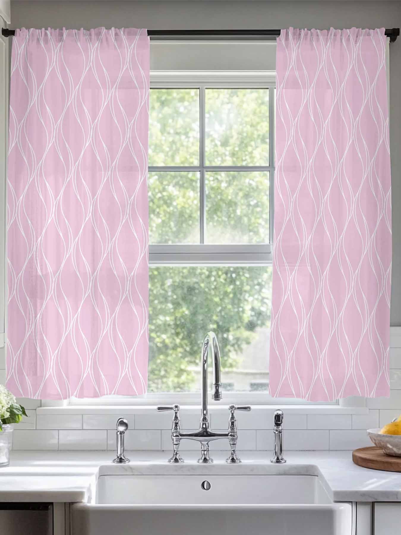 Abstract Long Waves on Pink Sheer Curtains 2 Panels Set Modern ...