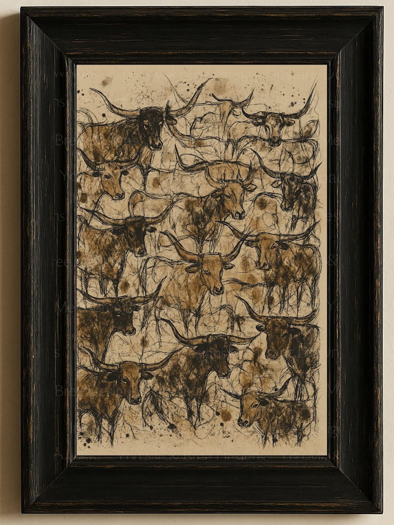 Abstract Longhorn Wall Art, Western Home Decor For Living Room, Rustic ...