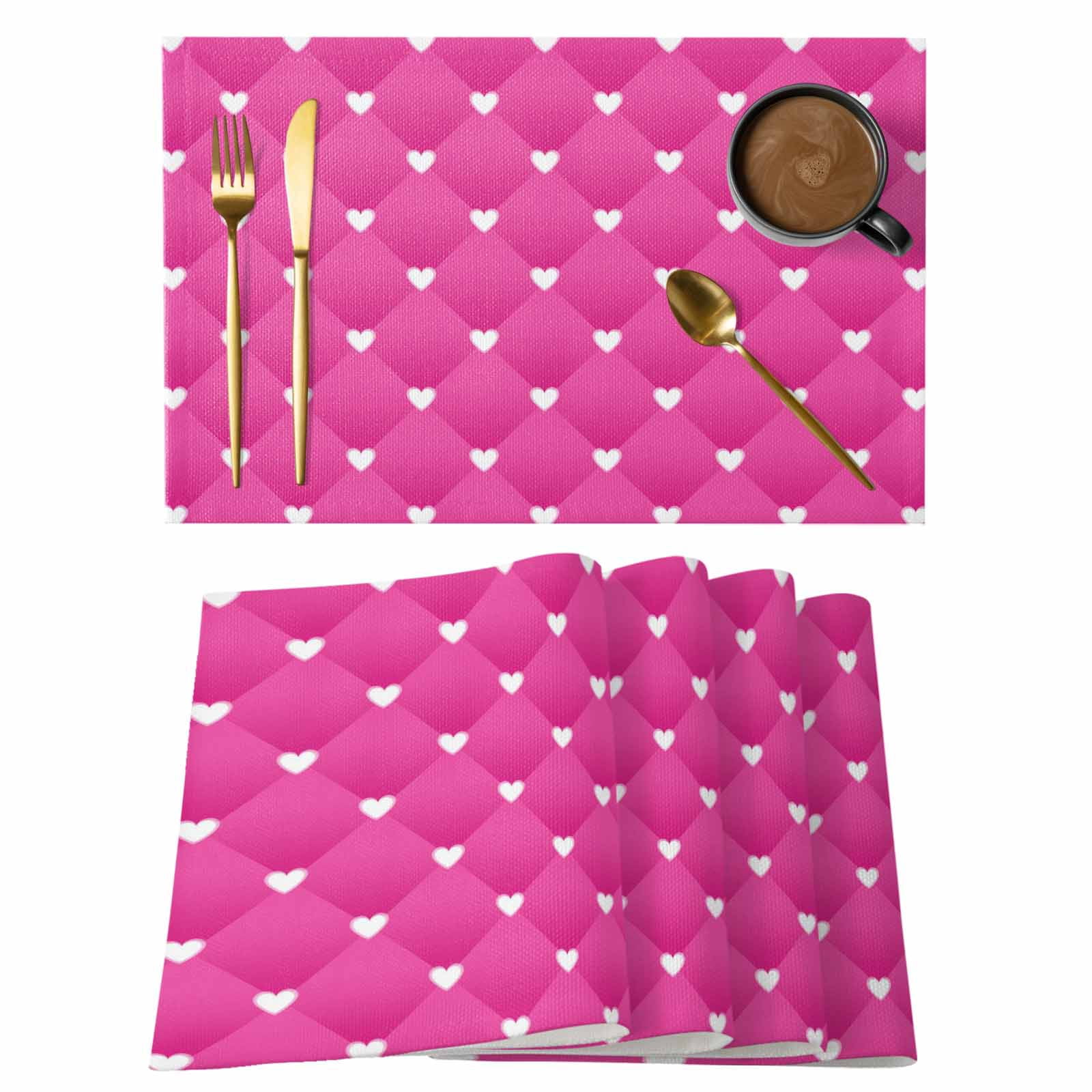 Abstract Love Heart Cotton Linen Placemats Set of 4, Dark Pink Square ...