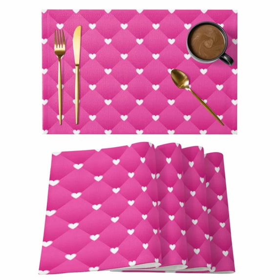 Abstract Love Heart Cotton Linen Placemats Set of 4, Dark Pink Square ...