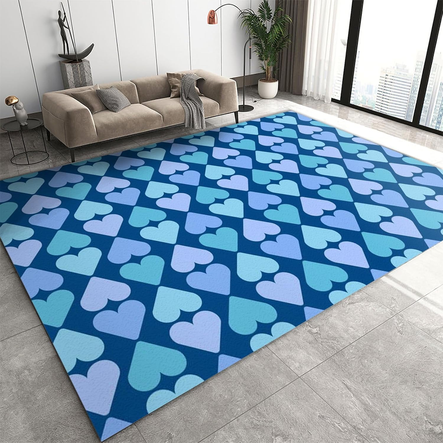 Abstract Loving Heart Pattern Large Rug ，Modern Geometry Blue Rugs For ...