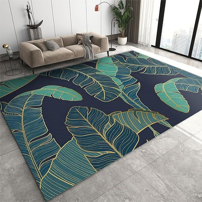 Abstract Luxury Area Rugs, Dark Green Golden Banana Leaves Living Room ...