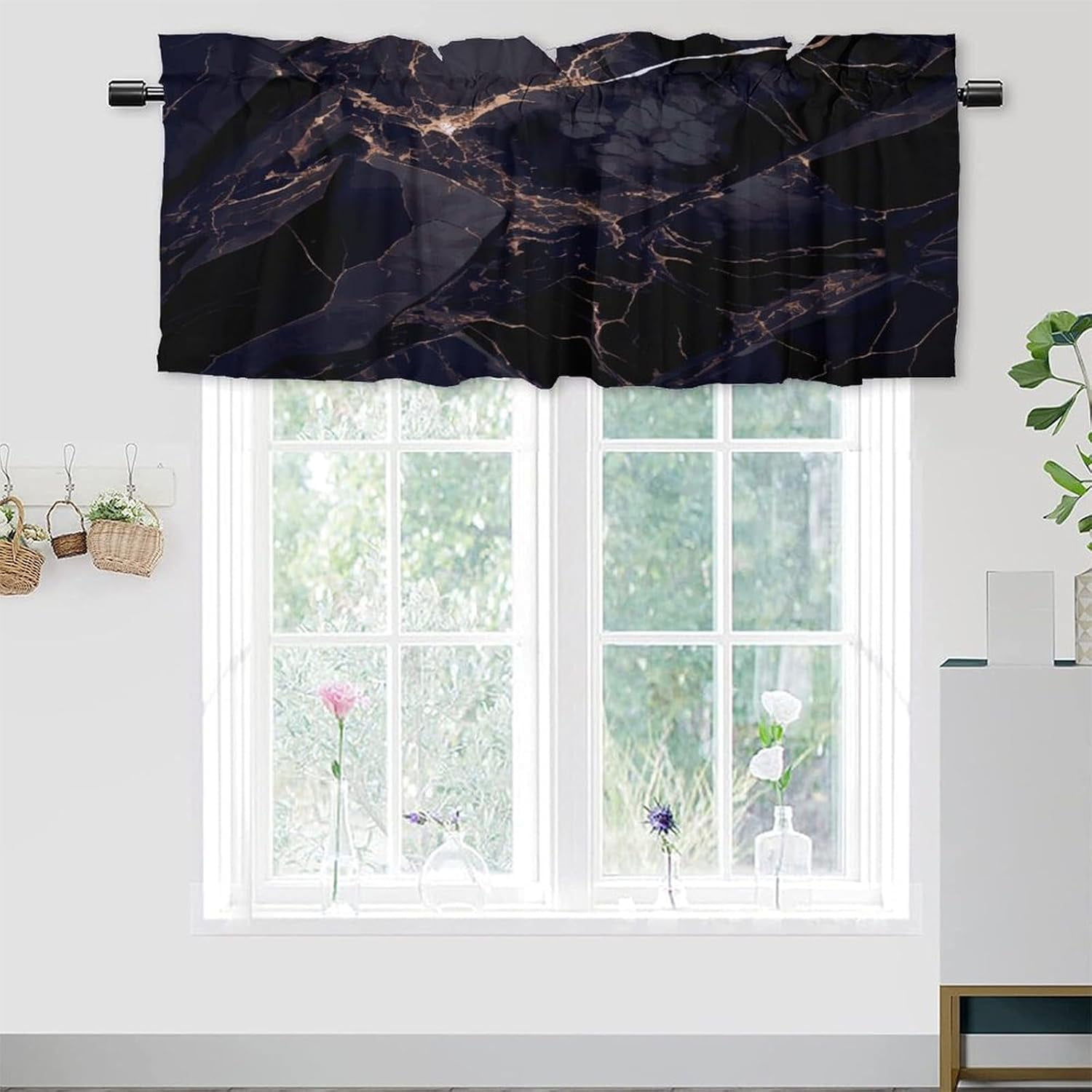 Abstract Luxury Black Marble Rod Pocket Valance Curtains,Rustic Vintage ...