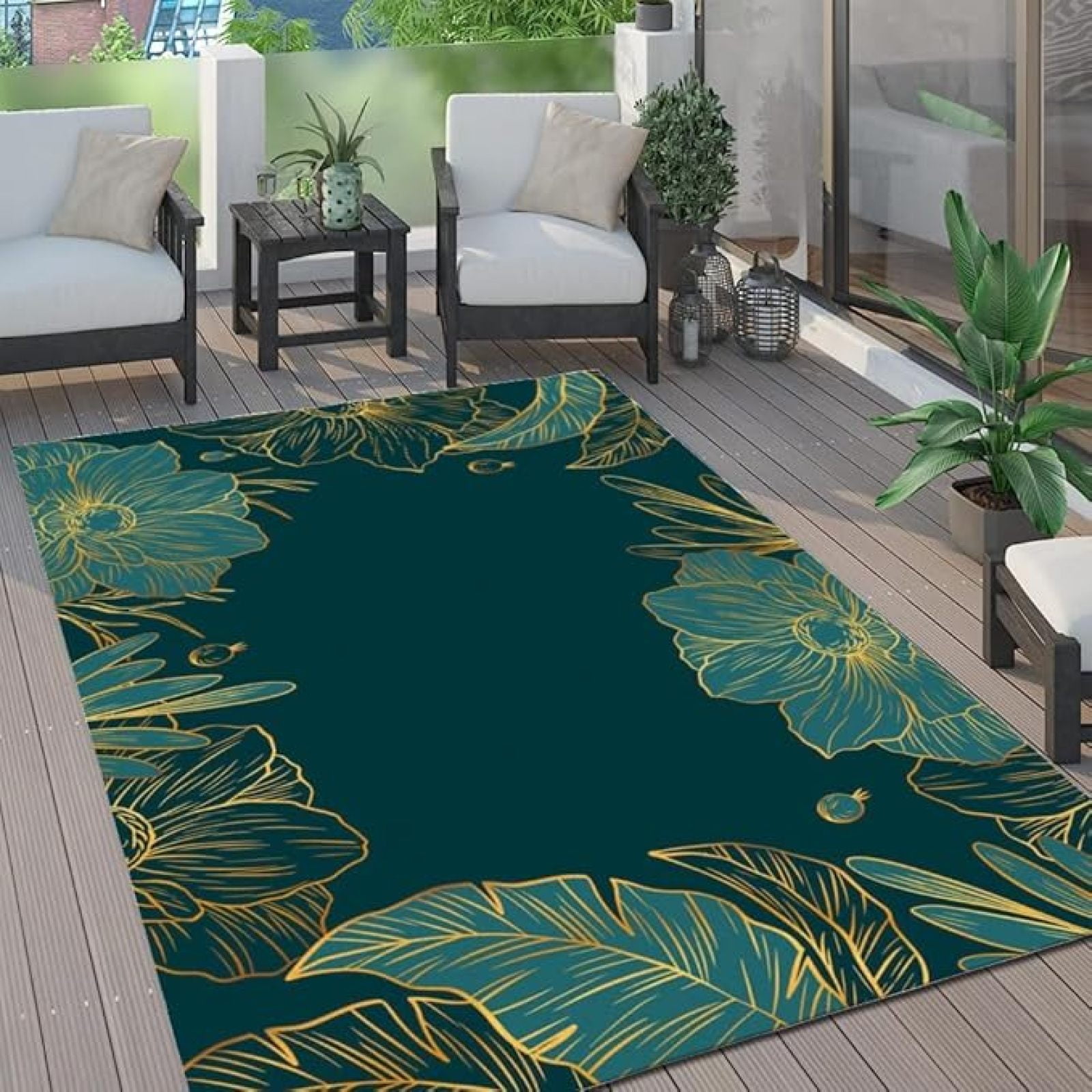 Abstract Luxury Green Area Rug, Golden Floral Leaves Silhouette Non ...