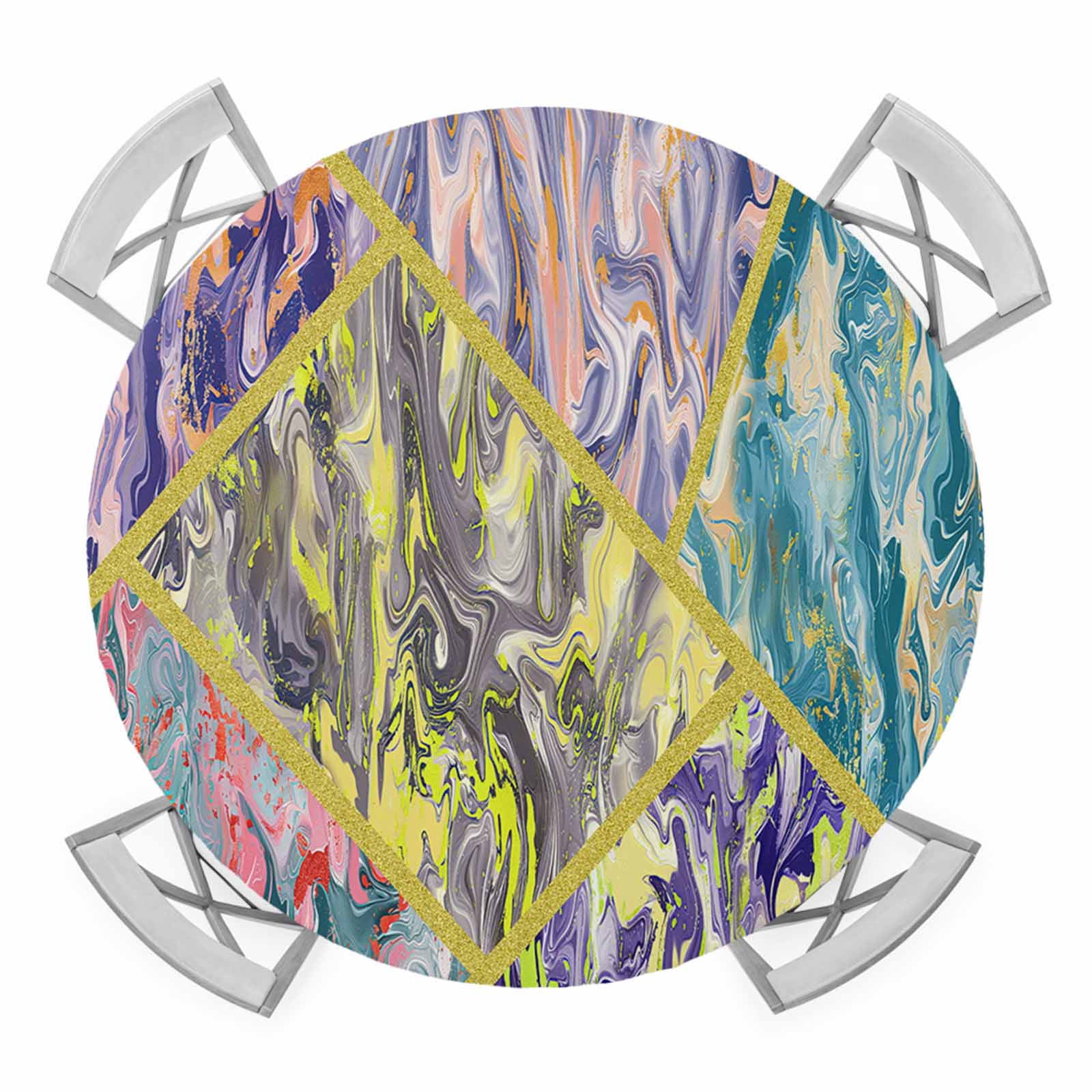 Abstract Mable Elastic Fitted Round Table Cover Geometic Modern Yellow ...