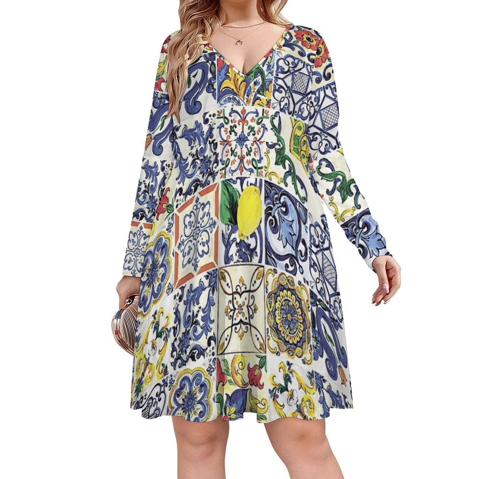 Abstract Majolica Long Sleeve Dresses For Women Vintage Elegant Party ...
