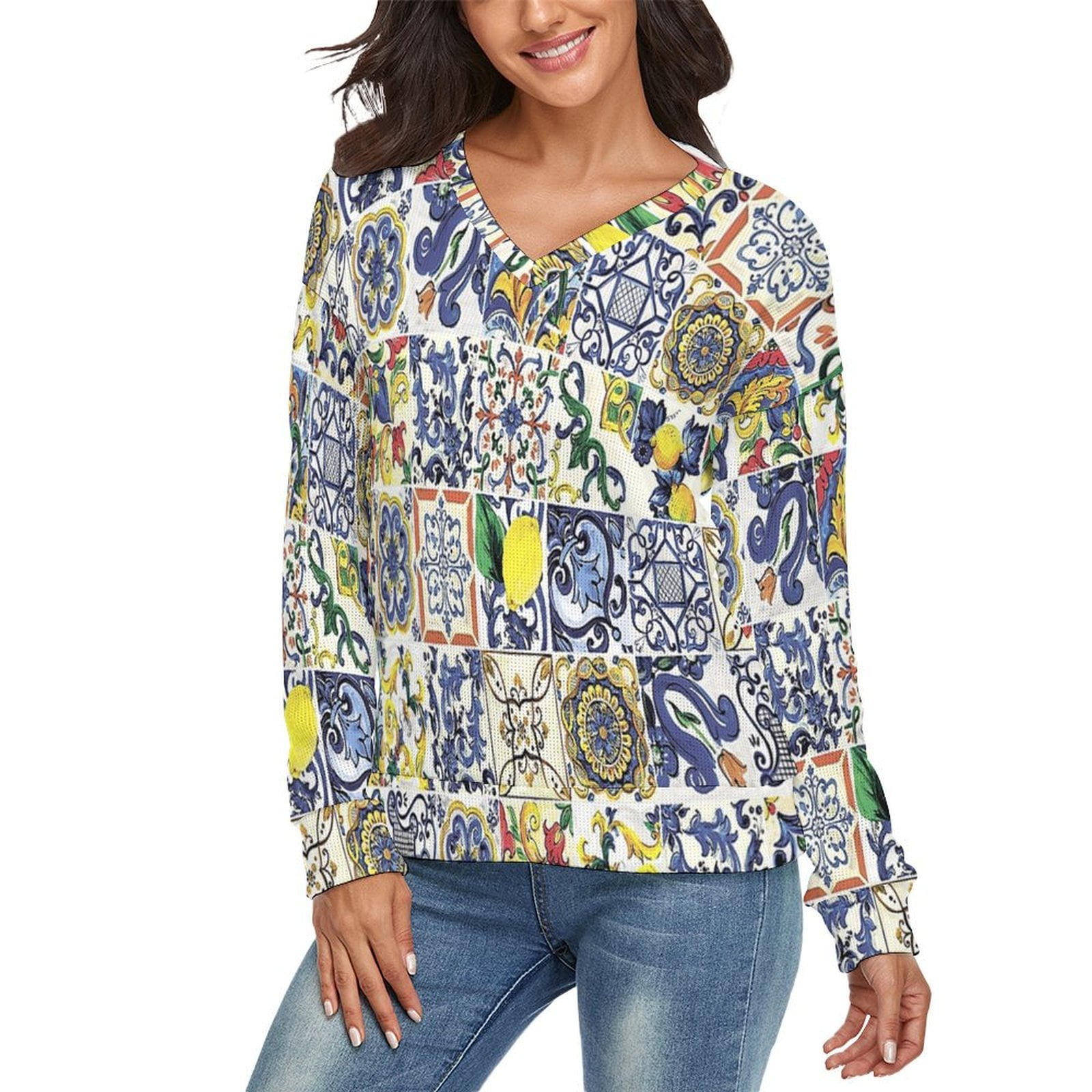Abstract Majolica V-neck Sweater Winter Clothes Long Sleeve Knitwear ...