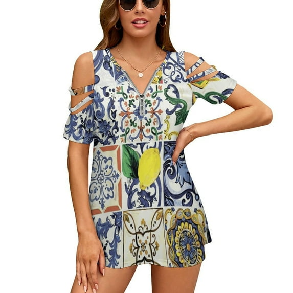 Abstract Majolica Women'S T-Shirt New Fashion Printed Zipper V-Neck ...