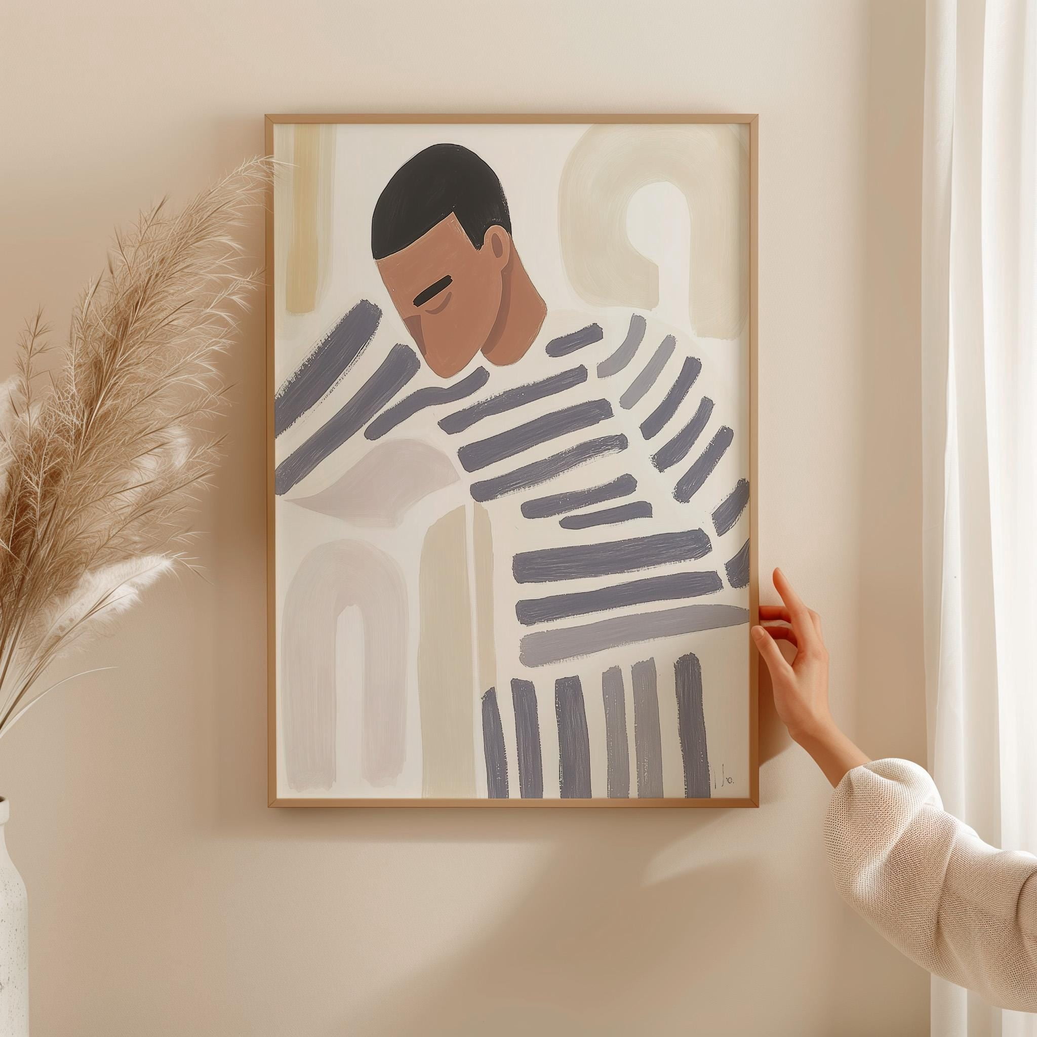 Abstract Man Portrait Print Modern Striped Shirt Art Home Decor Office ...
