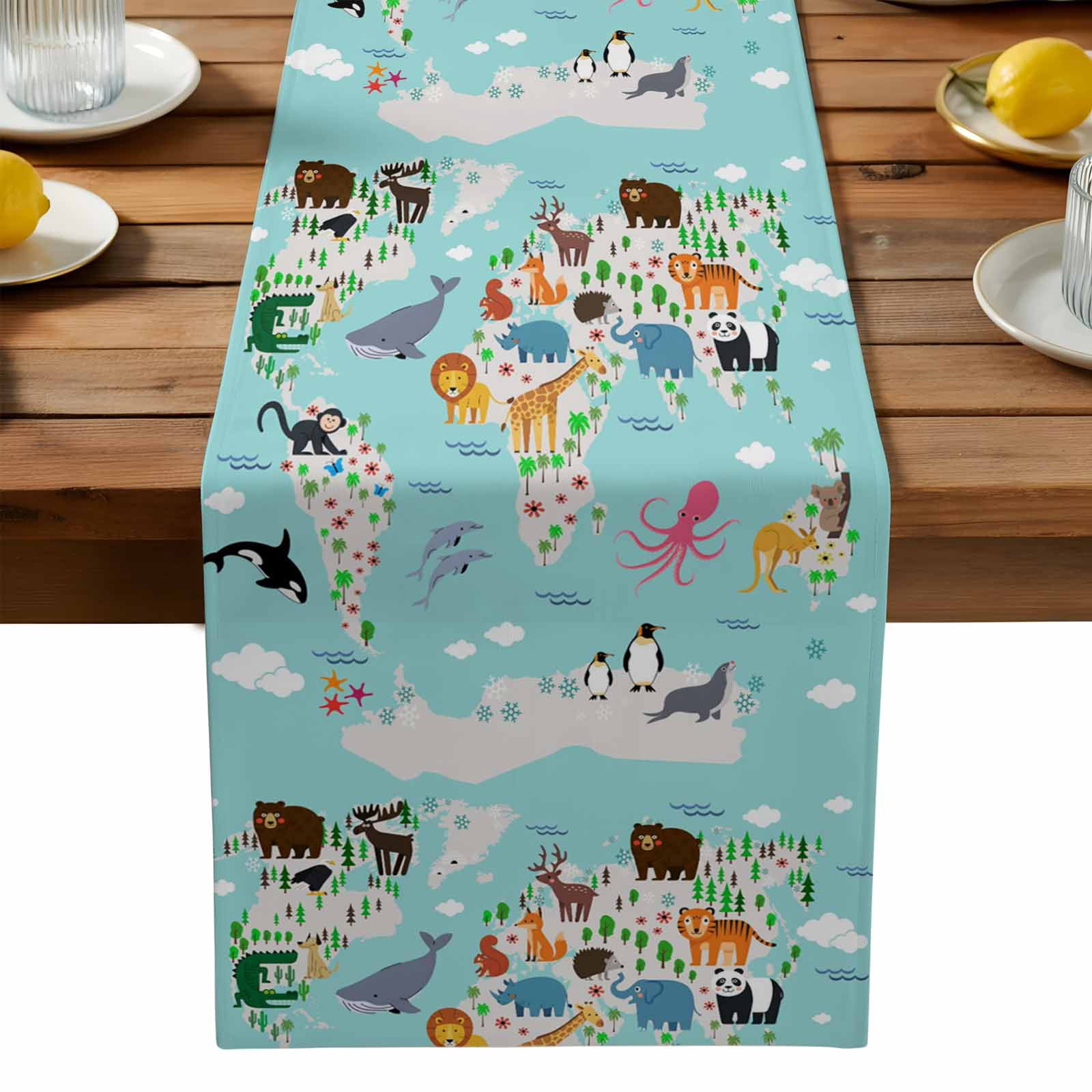 Abstract Map Cartoon Animals Table Runner-72 Inch Long Blue Ocean Cloud ...