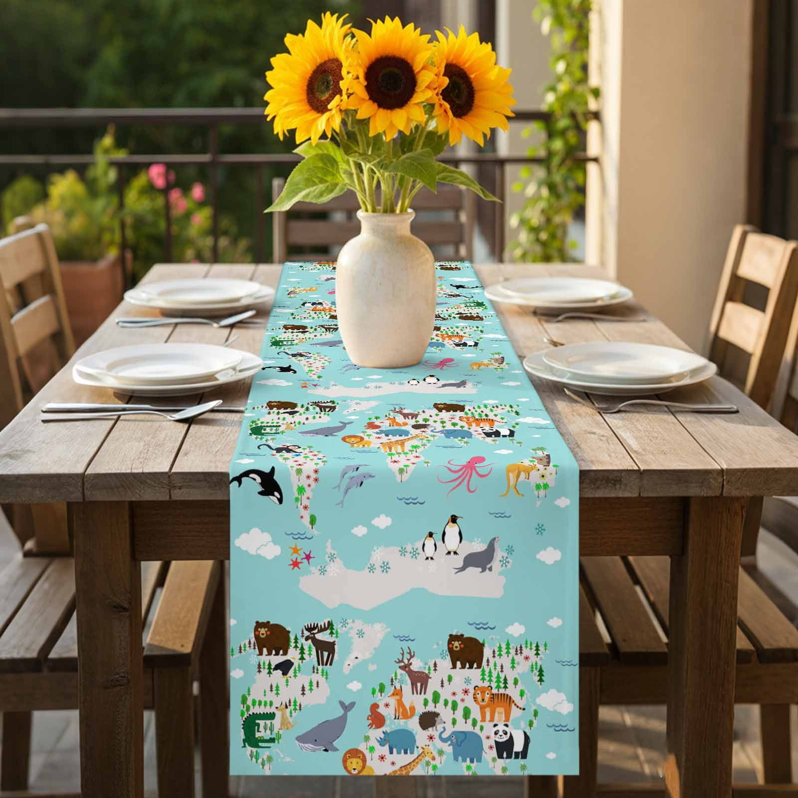 Abstract Map Cartoon Animals Table Runner 90 Inch Long Blue Ocean Cloud ...