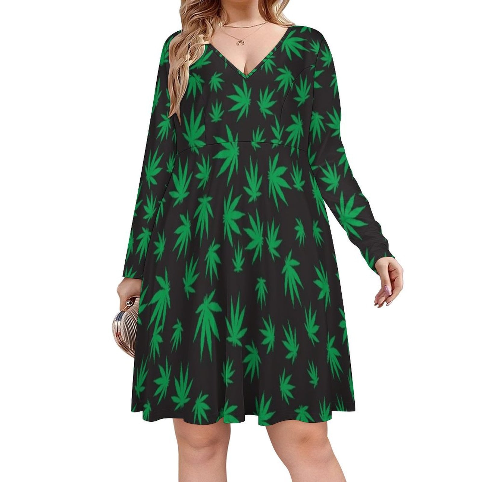 Abstract Maple Leaf Illustration Long Sleeve Dresses For Women Vintage Elegant Party Dress ...