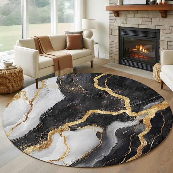 Abstract Marble 7FT Round Area Rugs for Living Room Gold Texture Simple ...