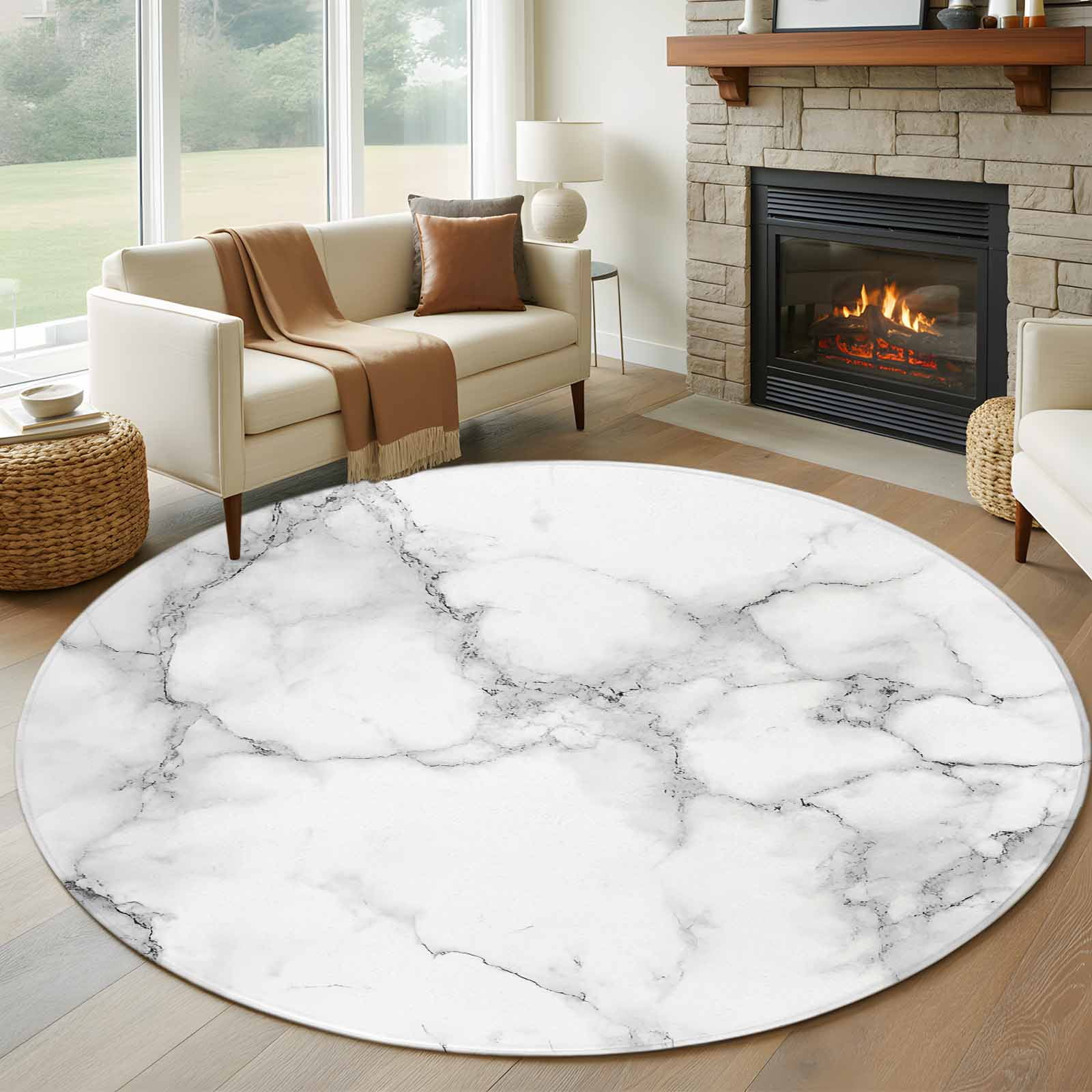 Abstract Marble 7FT Round Area Rugs for Living Room Minimalist Art Back ...
