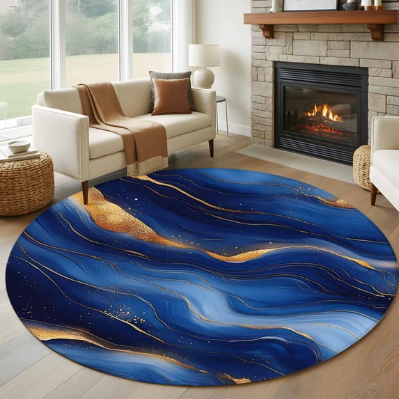 Abstract Marble 8FT Round Area Rugs for Living Room Gold Texture Modern ...