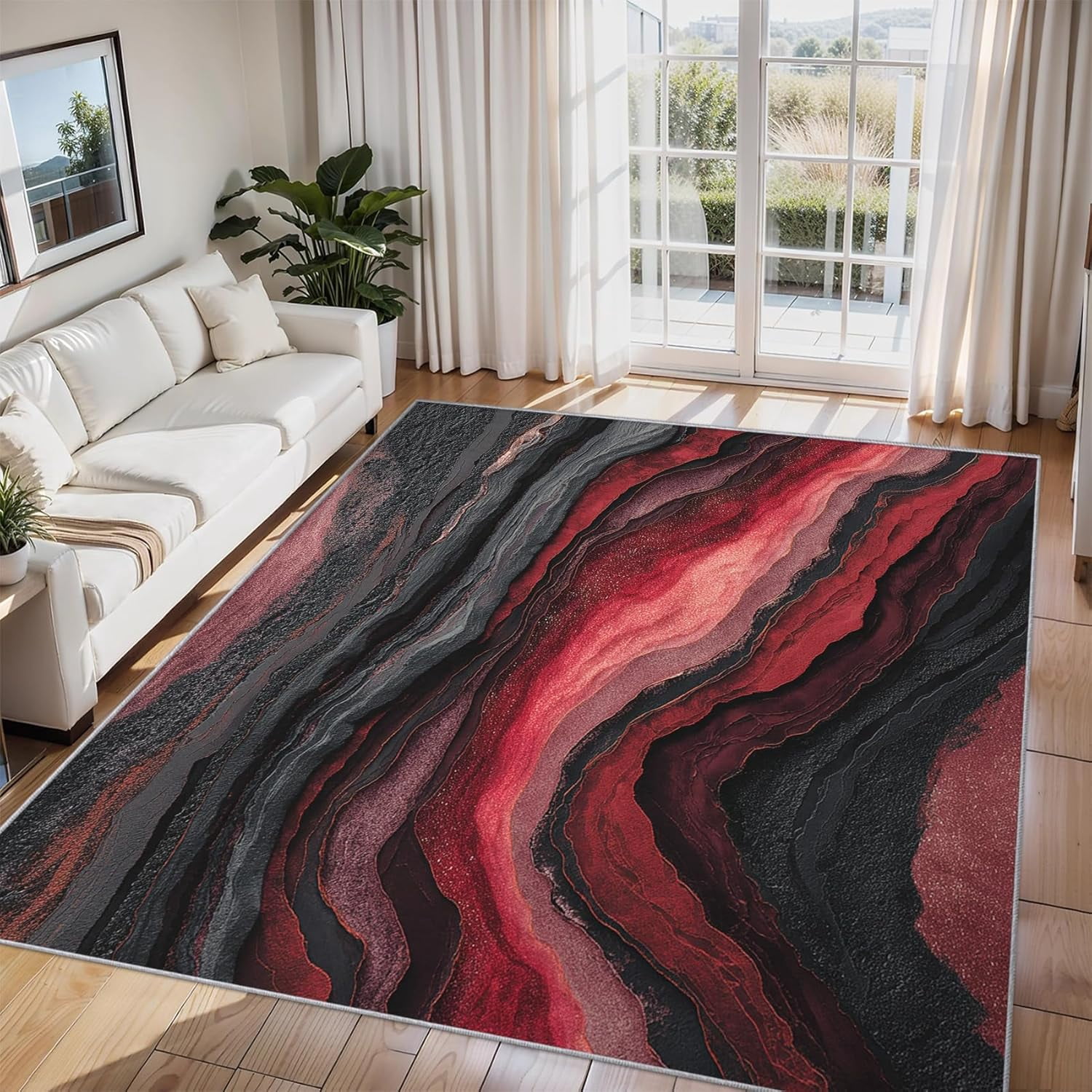 Abstract Marble Area Rug Black Red Texture Carpet Washable Non Slip ...