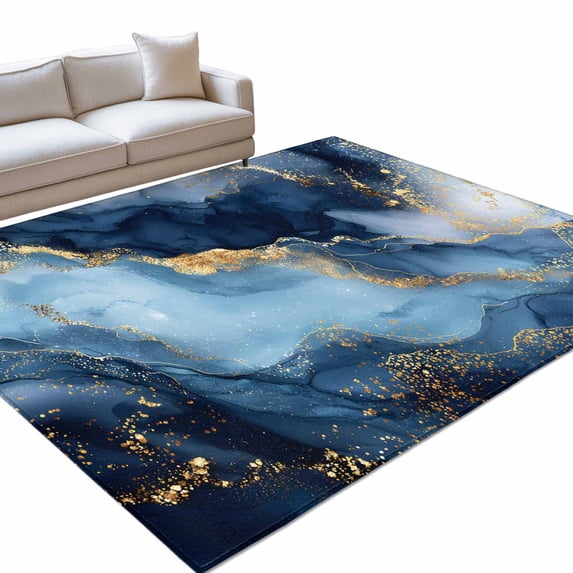 Abstract Marble Area Rug, Luxury Gorgeous Blue Gold Ocean Non-Slip Felt ...
