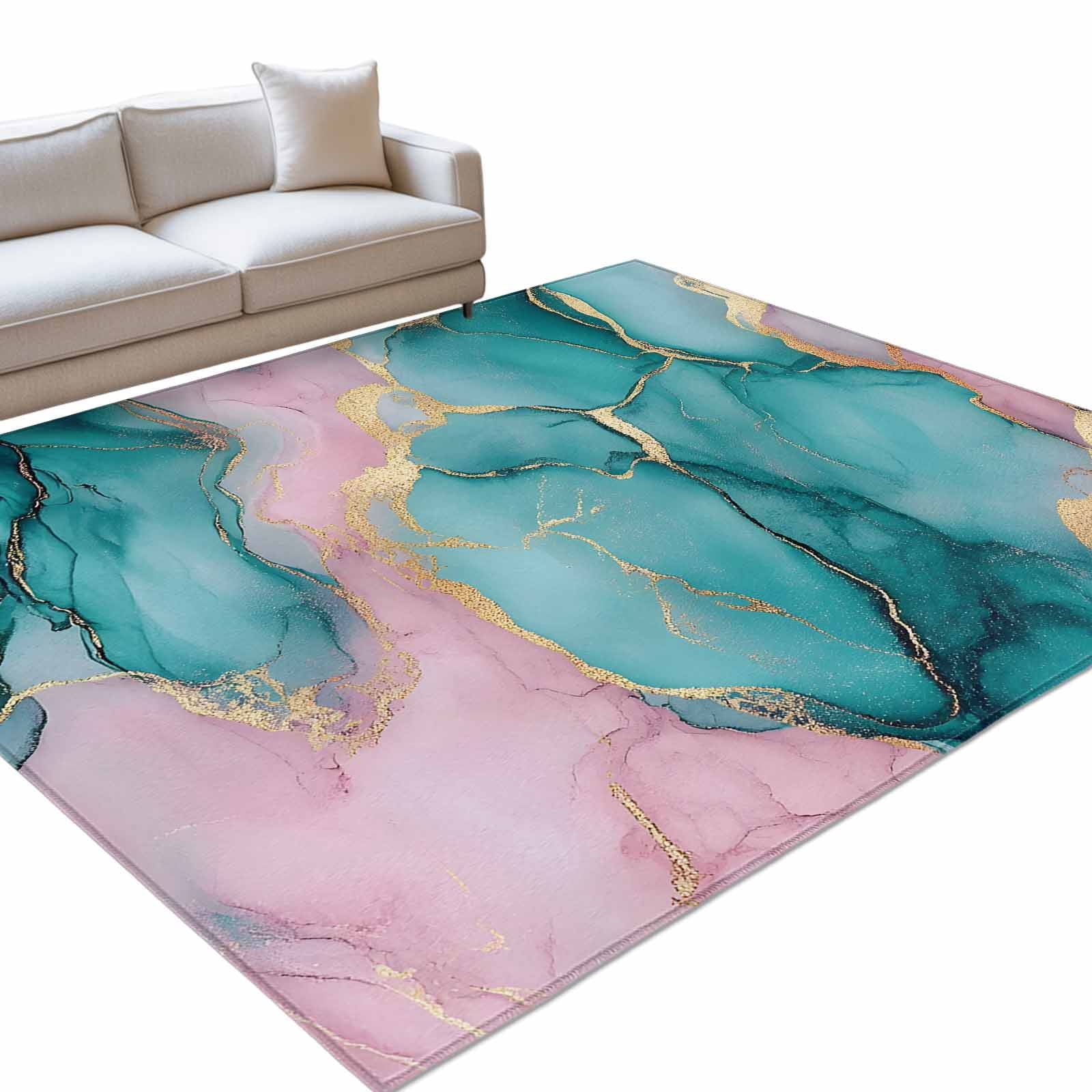 Abstract Marble Area Rug, Teal Pink Stone Texture Natural Crack Modern ...