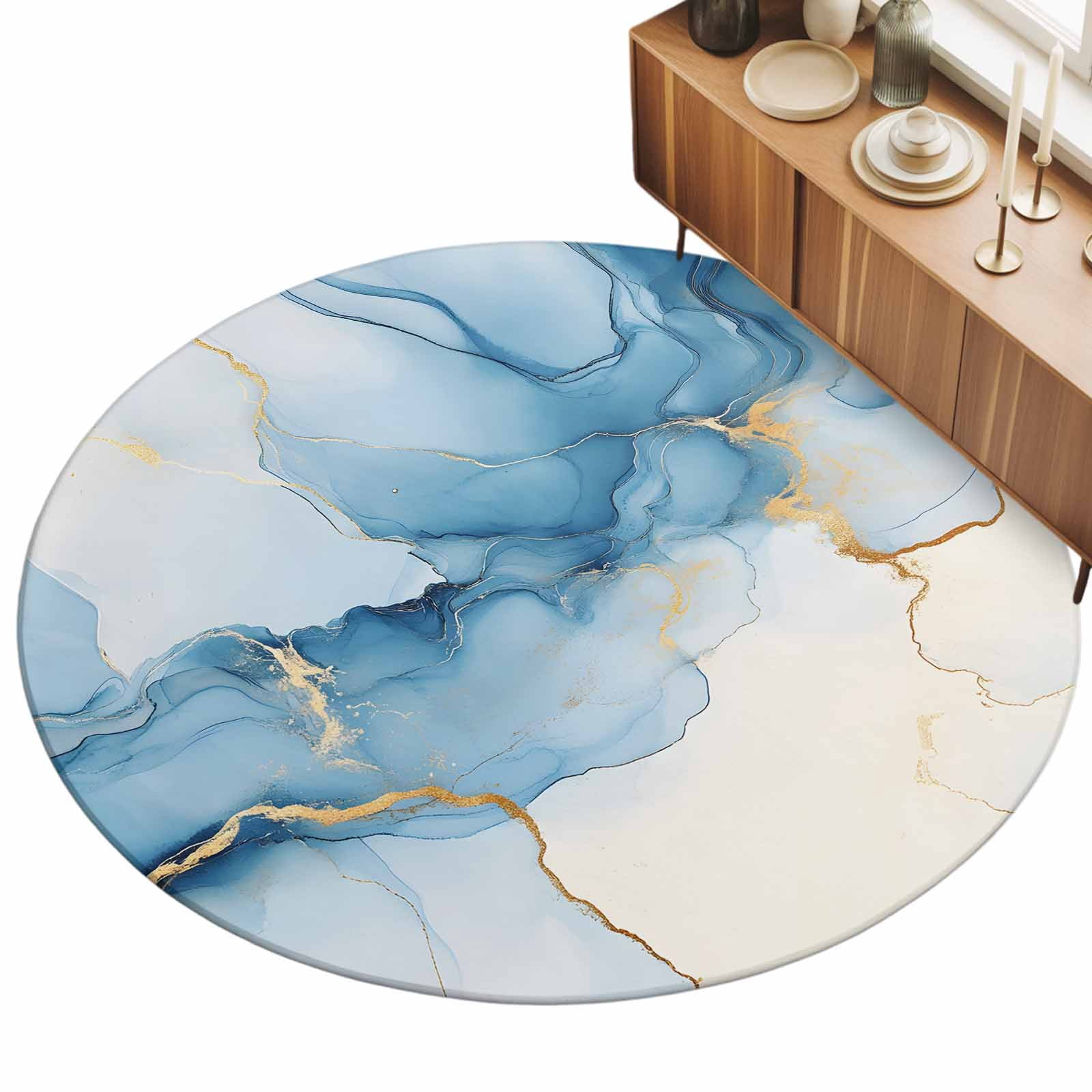 Abstract Marble Area Rugs 3.3' (Round) Blue Gold Gradient Watercolor ...