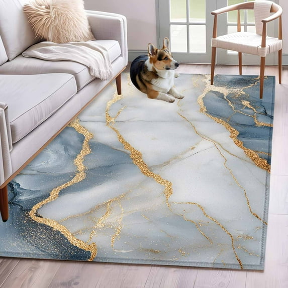 Abstract Marble Area Rugs 3x5 ft Navy Blue Gold Gradient Wave Texture ...