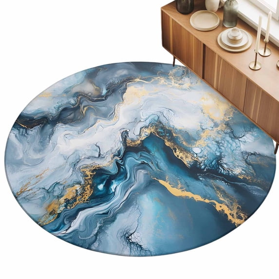 Abstract Marble Area Rugs 4' (Round) Gradient Blue Gold White Texture ...