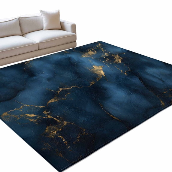 Abstract Marble Area Rugs 6x9ft Blue Gold Gradient Wave Texture Floor ...