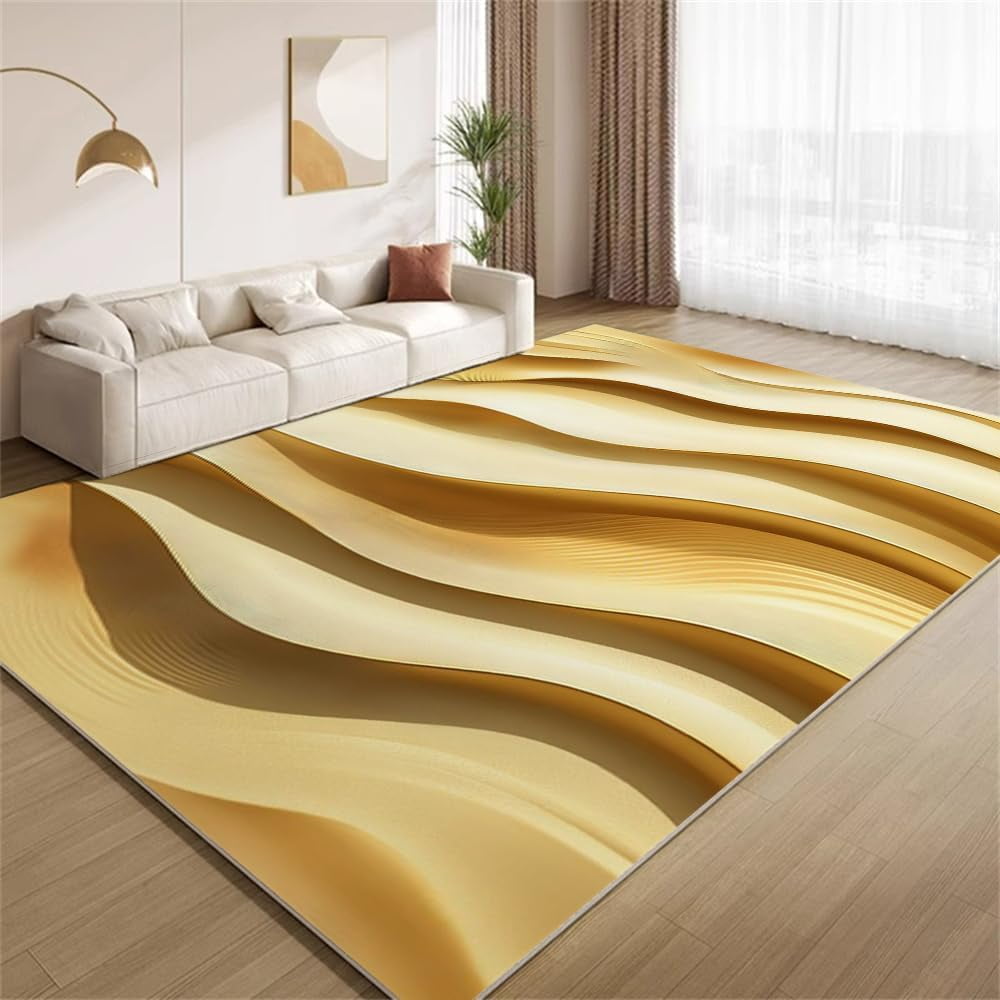 Abstract Marble Area Rugs, Golden Brown Fluid Wave Carpet, Washable Non ...