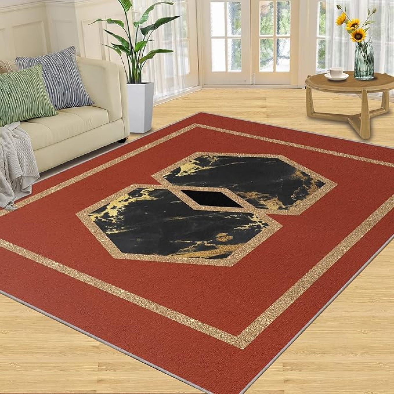 Abstract Marble Area Rugs Golden Hexagon Geometric Rug Vintage Red ...