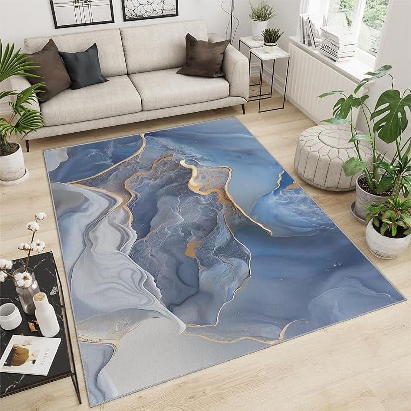 Abstract Marble Area Rugs, Gradient Blue Gold Texture Non-Slip Rug For ...