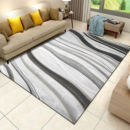 Abstract Marble Area Rugs, Gray And White Line Design Carpets, Washable ...