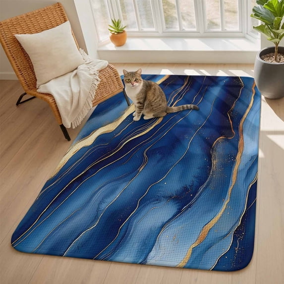 Abstract Marble Area Rugs for Living Room 5x6, Blue Gold Texture Modern ...