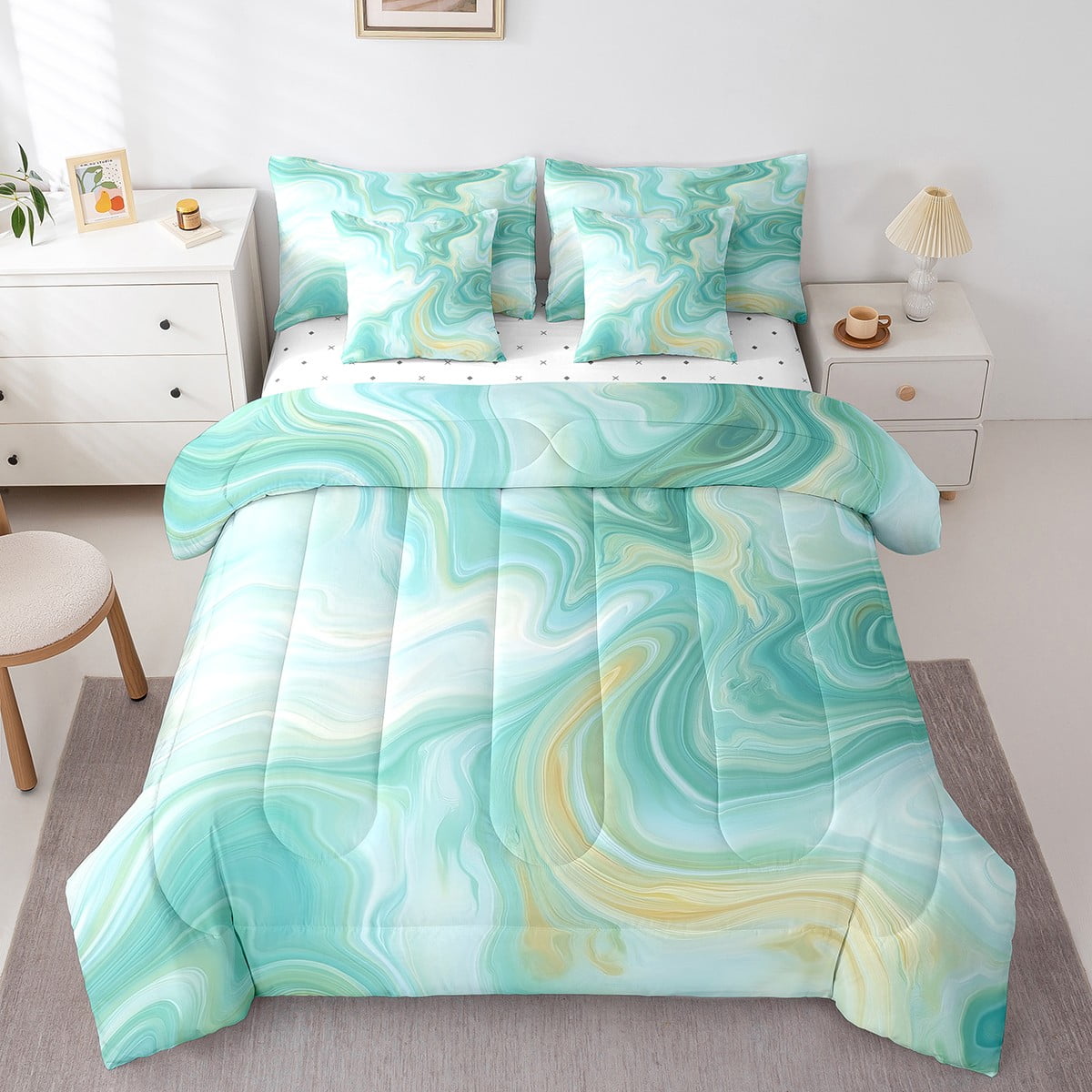 Abstract Marble Art Bedding Set Green Golden Marble Bed In A Bag With ...