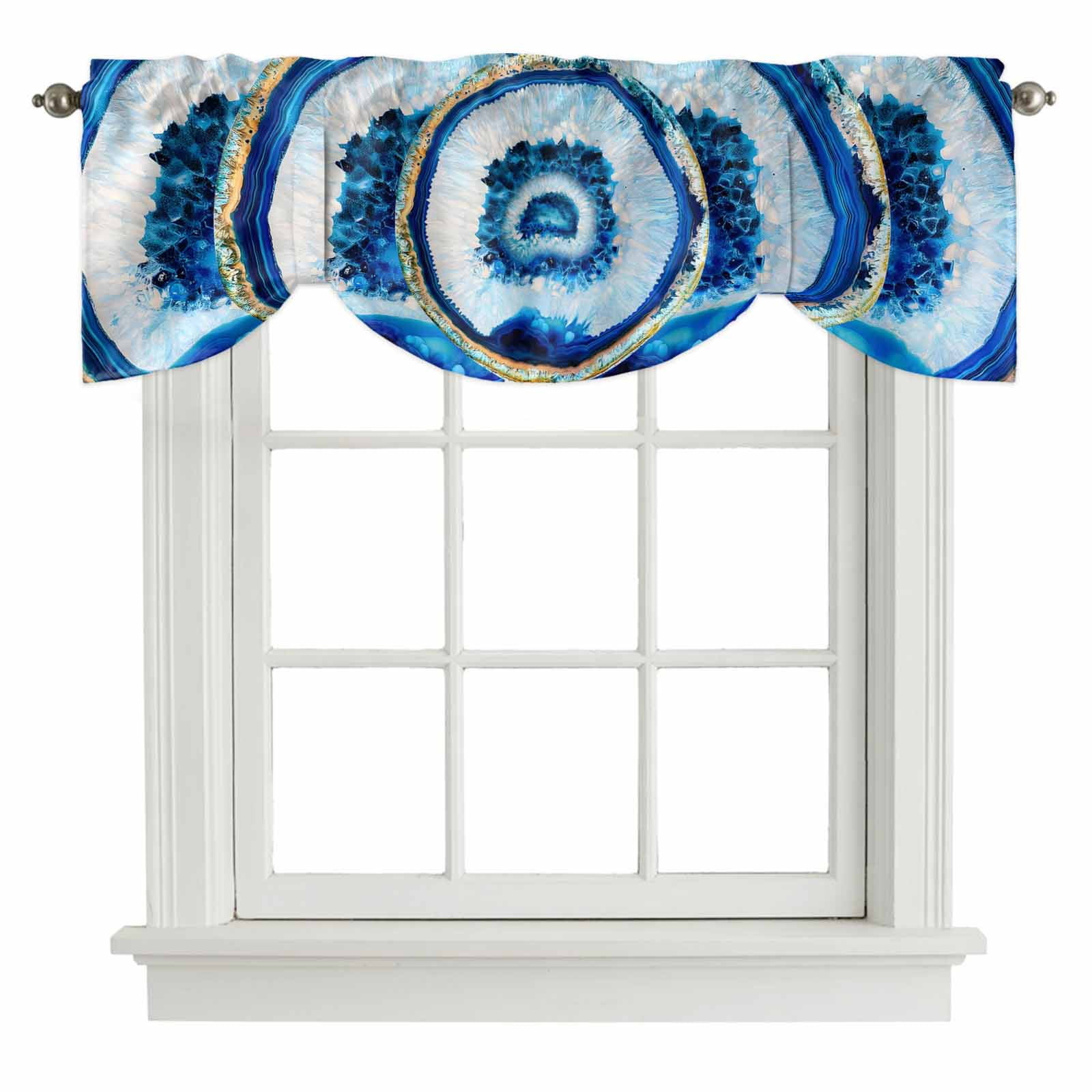 Abstract Marble Art Tie Up Valance Curtains Manau Blue White Decoration ...
