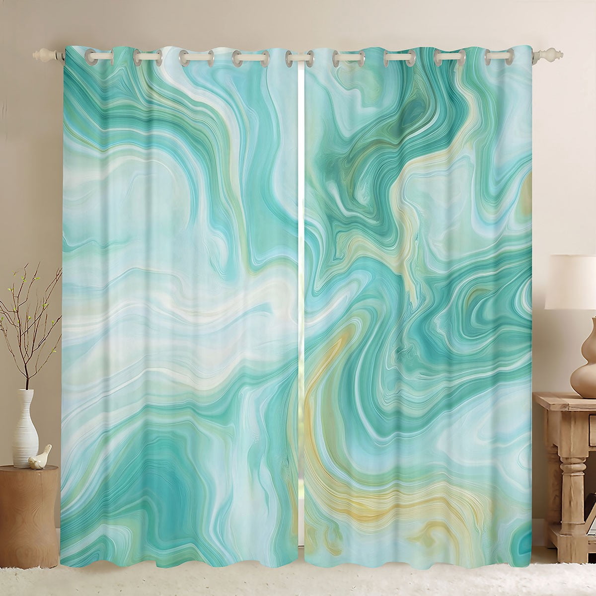 Abstract Marble Art Window Curtains Green Golden Marble 42"Wx84"L ...