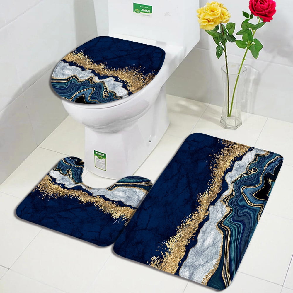 Abstract Marble Bath Mat Set Gold Line Blue Geometric Art Modern Home ...
