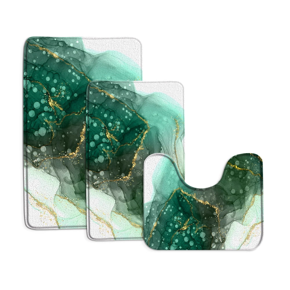 Abstract Marble Bath Mat Set Gold Lines Green Texture Pattern Modern ...