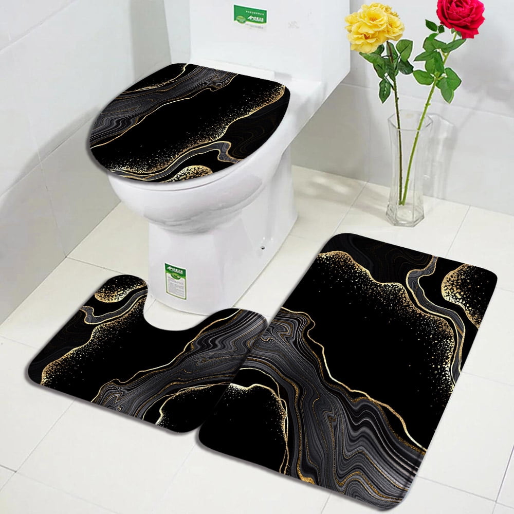 Abstract Marble Bath Mat Set Grey Gold Textured Pattern Modern ...