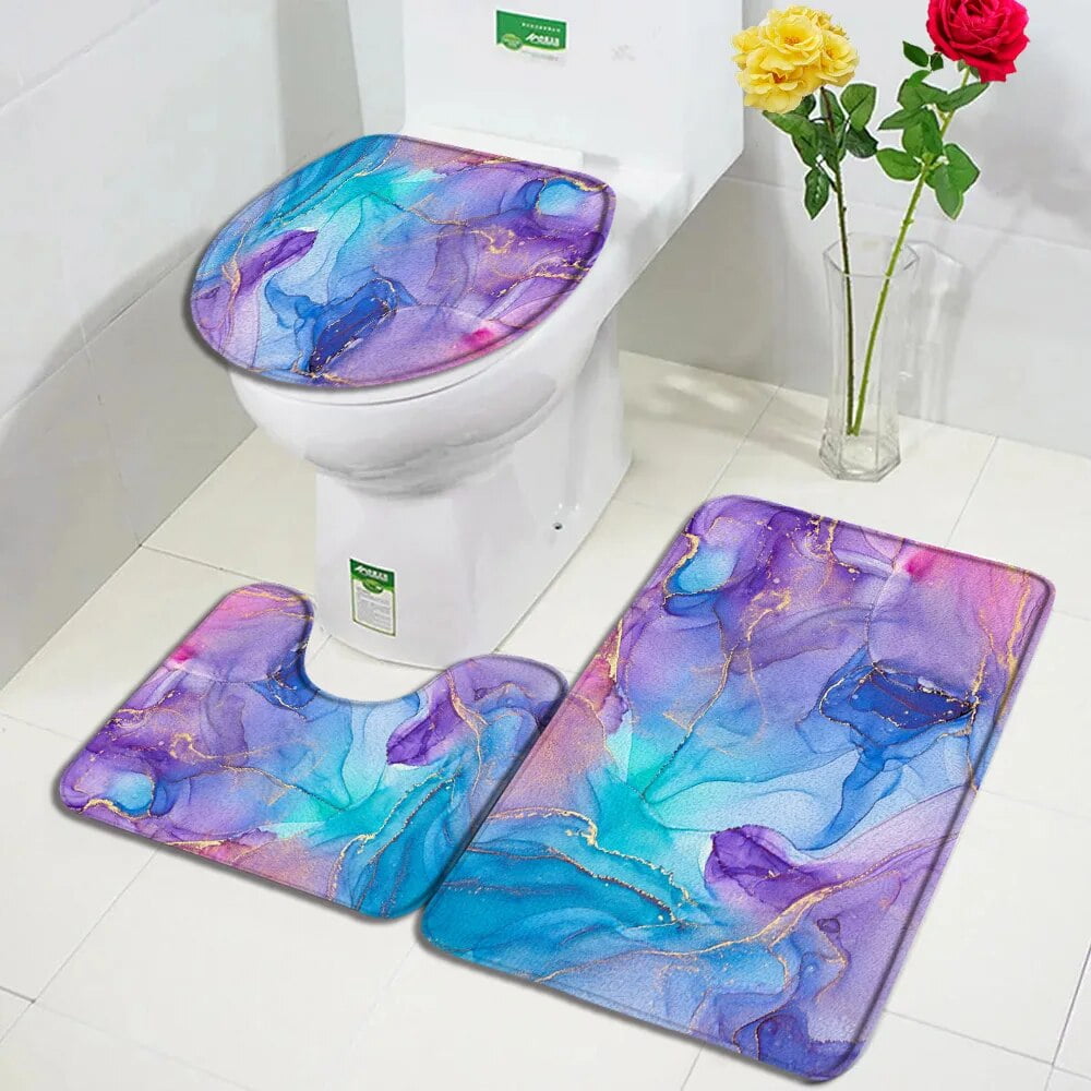 Abstract Marble Bath Mat Sets Pink Blue Green Textured Modern Geometric ...