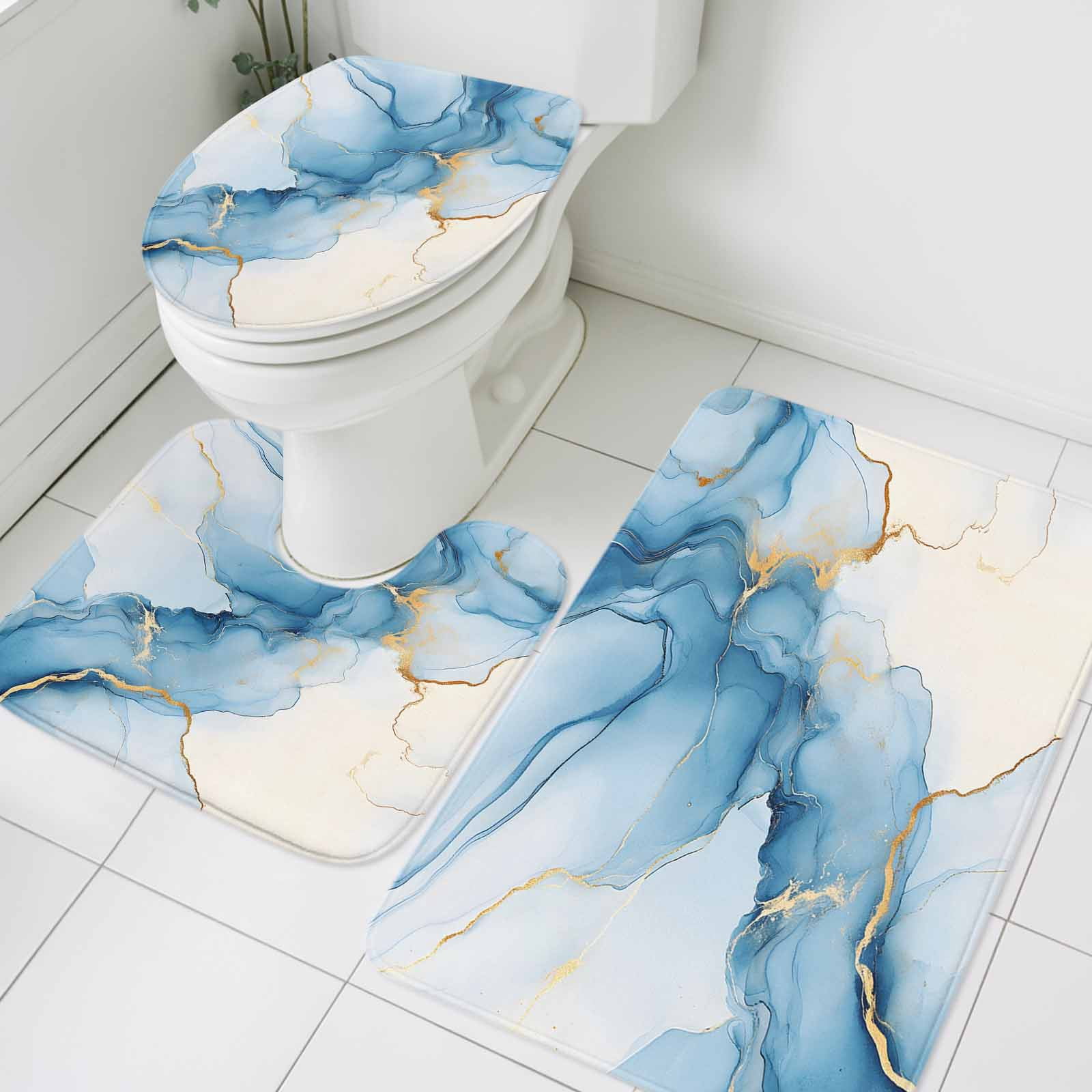 Abstract Marble Bathroom Rugs Set Blue Gold Gradient Watercolor Texture ...