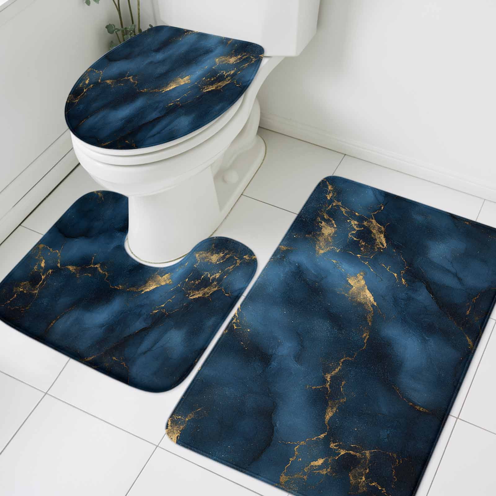 Abstract Marble Bathroom Rugs Set Blue Gold Gradient Wave Texture Non ...