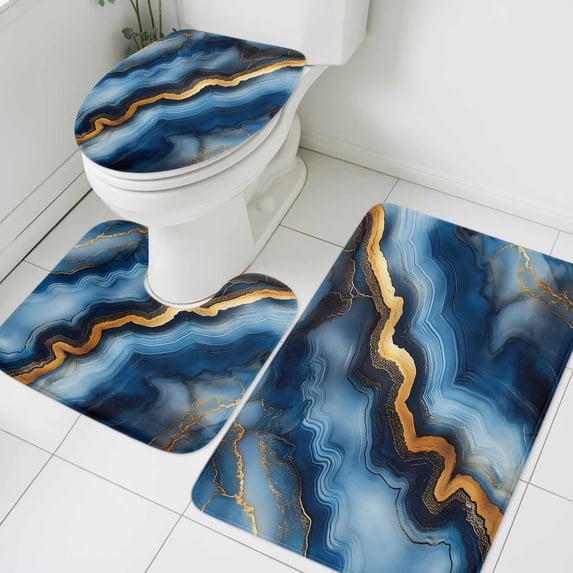 Abstract Marble Bathroom Rugs Set Dark Blue Gradient Gold Crack Texture ...
