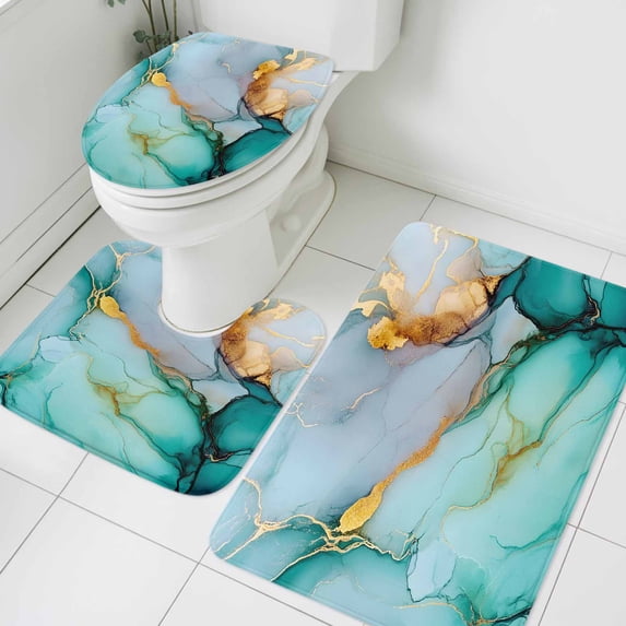 Abstract Marble Bathroom Rugs Set Teal Green Gold Gradient Watercolor ...