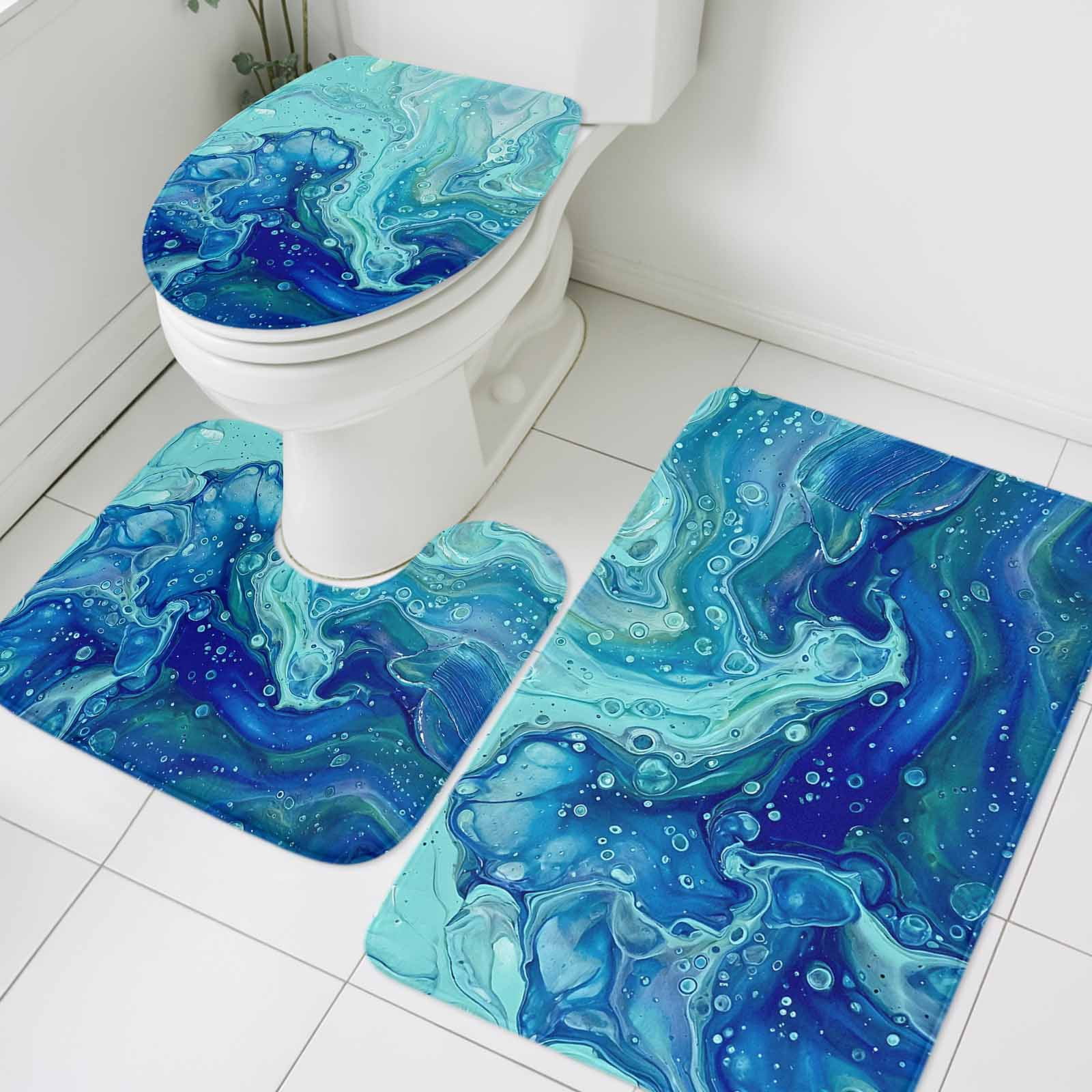 Abstract Marble Bathroom Rugs Set Turquoise Green Gradient Ocean Wave ...
