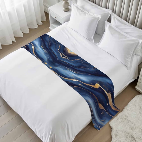 Abstract Marble Bed Runner Scarf, Gold Navy Texture Modern Style Simple ...